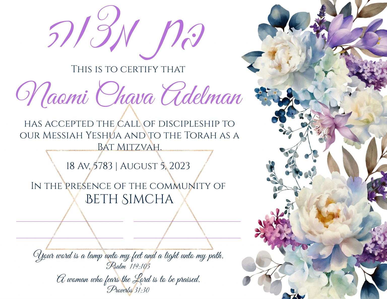 Bat Mitzvah Certificate {Naomi Design} – Messianic Kids